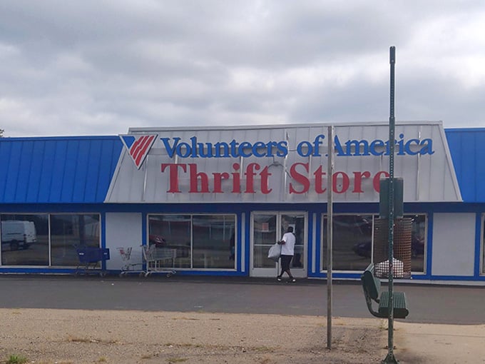 The cheerful blue and white exterior catches your eye like a beacon for budget-conscious treasure seekers.