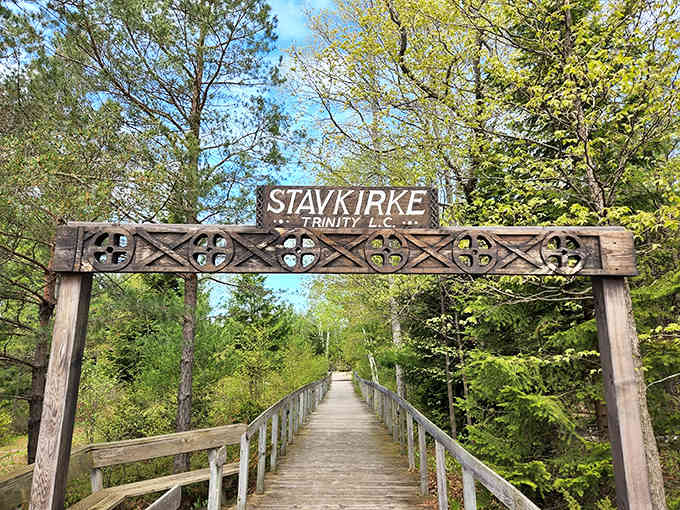 Cross this wooden bridge and step into a Norwegian fairy tale hidden deep in Wisconsin's green heart.