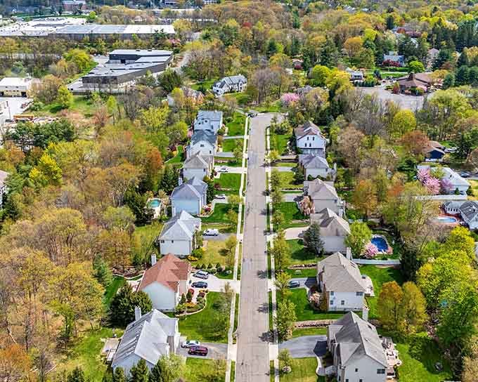 Aerial views reveal neighborhoods designed for actual living, not just commuting through on your way somewhere else.