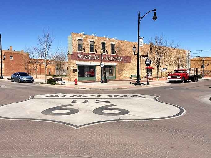 That famous corner where the Eagles sang about standing, complete with vintage brick and Route 66 charm.