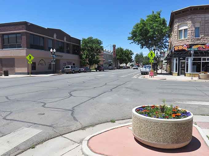 Cheerful flower planters brighten quiet intersections where traffic jams mean waiting for two whole cars to pass.