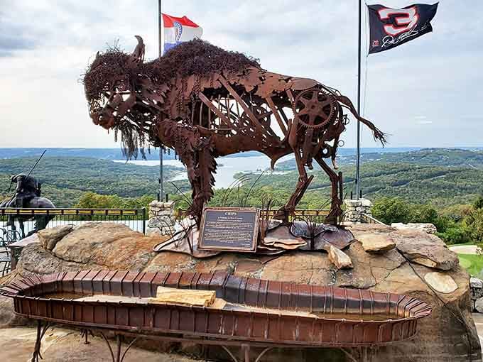 This magnificent metal bison sculpture commands the overlook with artistic power, celebrating the spirit of America's wild frontier heritage.