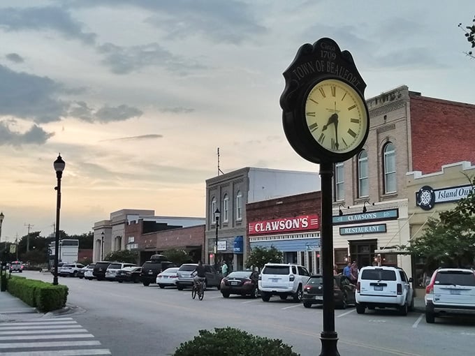 That town clock stands sentinel over evening gatherings, reminding everyone that here, time moves at a more civilized pace.
