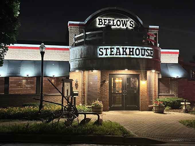 That classic arched sign and evening glow create the perfect backdrop for your next memorable steak dinner celebration.