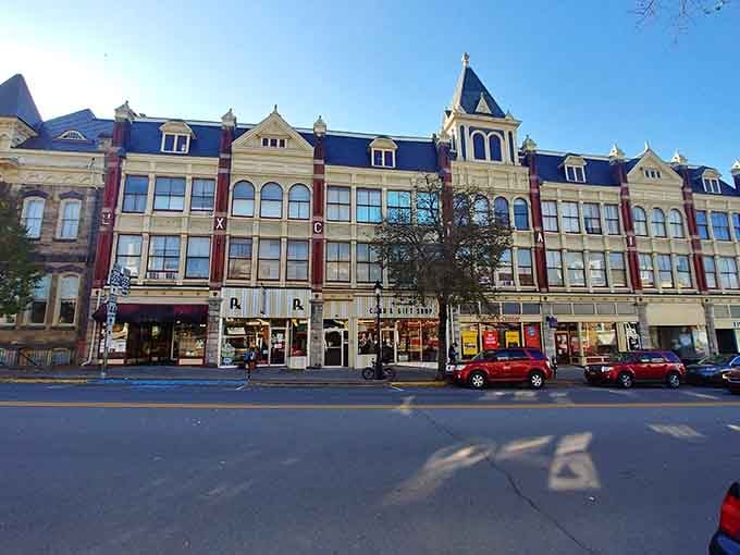 Ornate facades in cream and burgundy create a streetscape fancy enough for European postcards but authentically American.