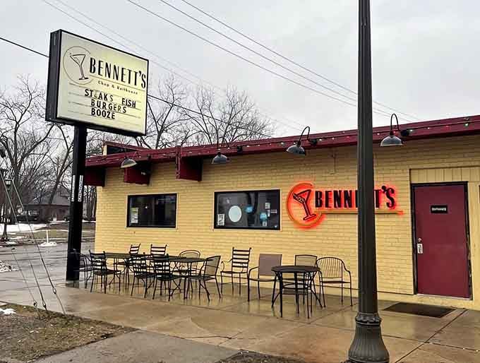 The cheerful yellow brick and outdoor tables promise a neighborhood spot where everyone feels welcome and well-fed.