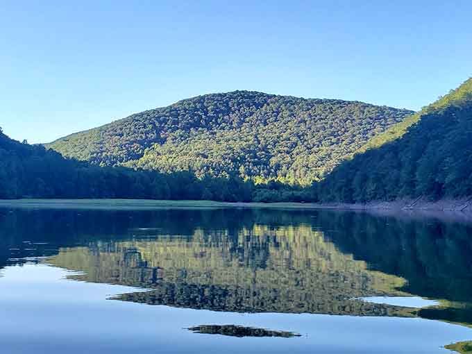 Morning mist rises off mirror-still water, reflecting forested peaks in a scene so peaceful it could lower your blood pressure instantly.
