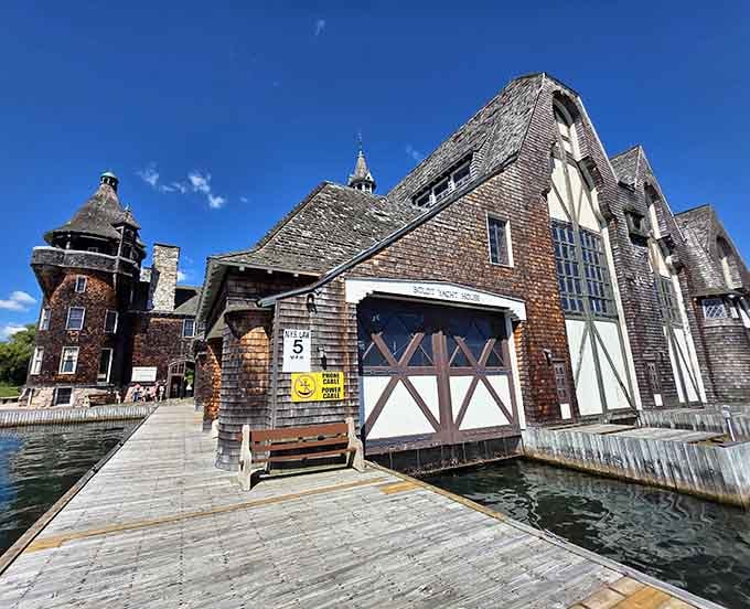 The intricate woodwork and waterside towers make this the fanciest yacht garage you've ever seen, hands down.