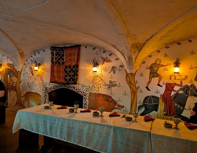 Hand-painted medieval murals and vaulted ceilings transform dinner into a feast worthy of knights and noble guests alike.