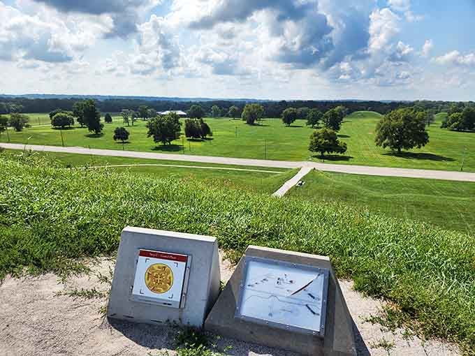 Informational markers dot the landscape where an ancient city once thrived, connecting modern visitors to a civilization lost to time.