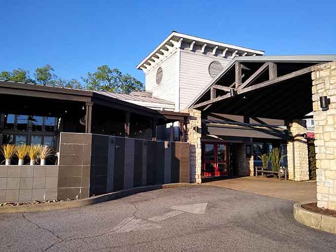 Stone and timber blend together like a perfectly aged steak meets its ideal wine pairing at sunset.