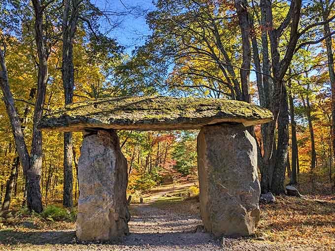 This massive stone gateway framed by autumn gold looks like the entrance to another world entirely.
