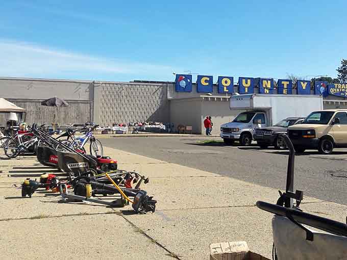 Lawn equipment and bicycles line up outside like a mechanical parade, hinting at the eclectic variety waiting inside.