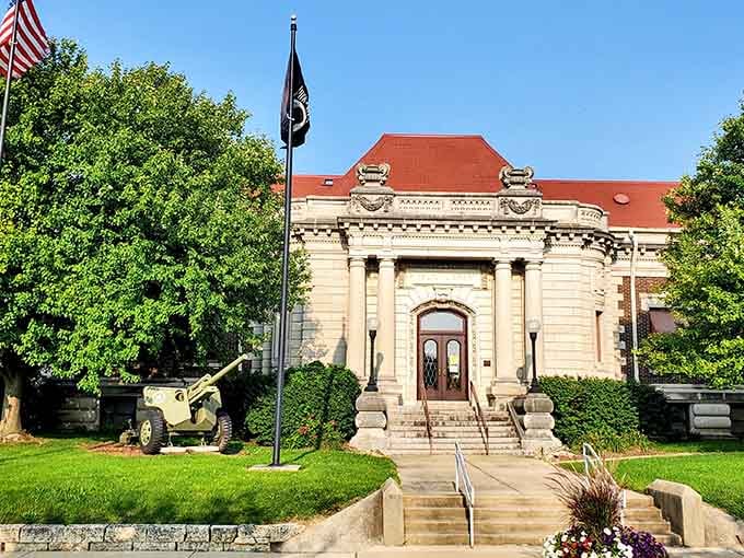 Classical columns and red-tiled roof create a civic monument that commands respect without demanding your entire paycheck.