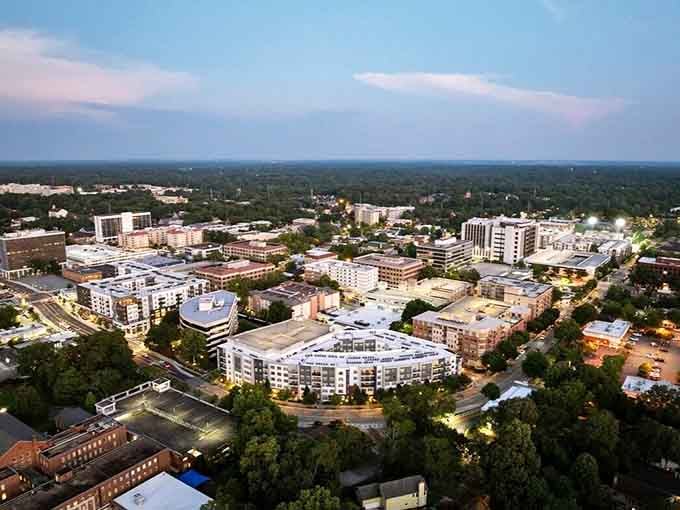 Evening lights begin twinkling across Decatur's modern architecture, blending seamlessly with the lush green canopy all around.