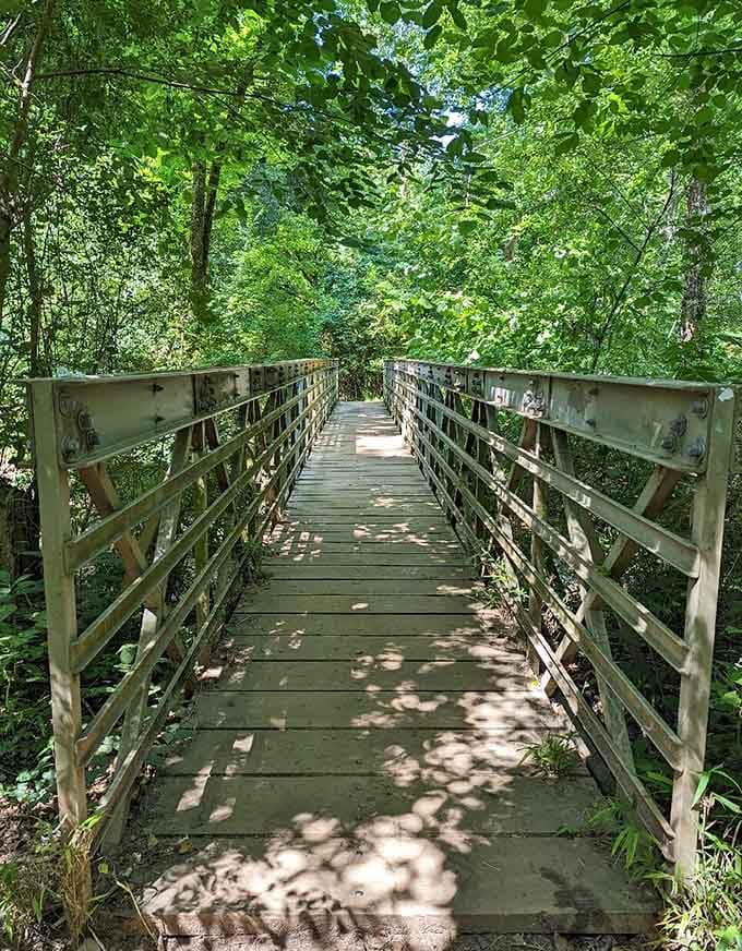 This wooden bridge stretches through green tunnels of trees, inviting you to cross into your own private Narnia.