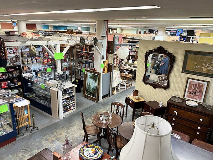 Multiple levels of carefully curated booths create a treasure maze that Antiques Roadshow fans would absolutely adore.