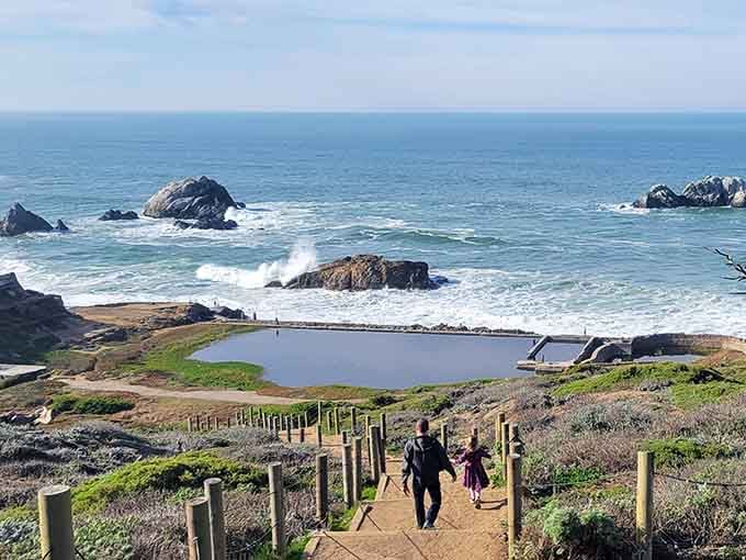 Wooden stairs descend toward crashing waves and tide pools, nature's own infinity pool without the resort fees.