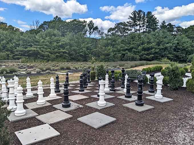 Life-sized chess pieces stand ready for your next strategic move in this whimsical outdoor game room.