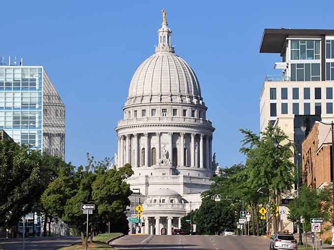 Madison's Capitol commands attention with its pristine white dome, standing proud against the bluest summer sky imaginable.