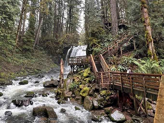 Wooden walkways wind through emerald forest past tumbling falls, making nature accessible without sacrificing the wilderness experience.
