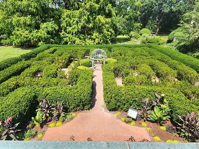 The perfectly manicured hedge maze invites you to wander paths that twist like a living puzzle.