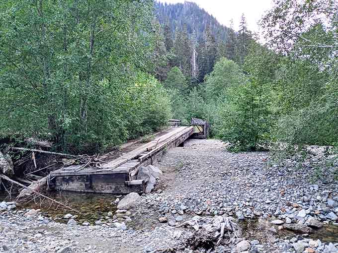That rickety bridge crossing mountain waters has seen better days, but the surrounding wilderness remains absolutely spectacular and wild.