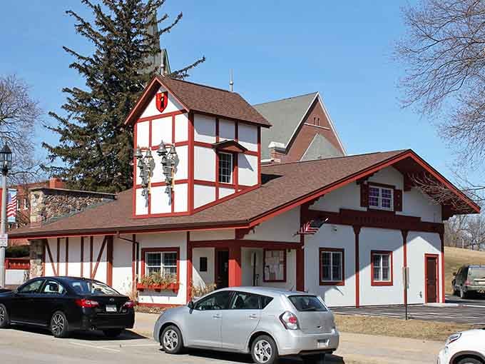 Those timber-frame details and striking red-and-white exterior transport you straight to the Alps without needing a passport.