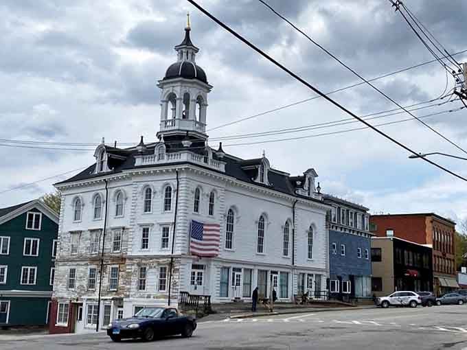 This grand town hall with its American flag reminds you that civic pride never goes out of style here.