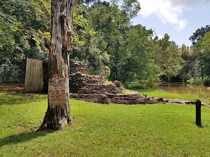 That artistic wood sculpture rising from the grass shows how nature and creativity can blend into something magical.