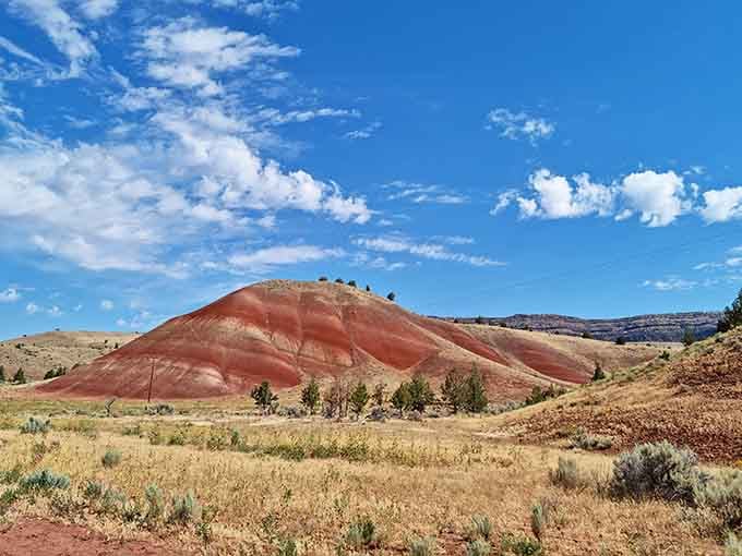 This single crimson hill rises from the desert floor, looking exactly like a giant scoop of raspberry sherbet melting slowly.