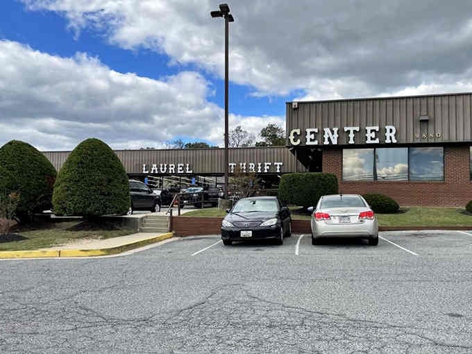 Dramatic clouds frame this thrift center where manicured shrubs meet parking lot practicality in perfect suburban harmony.