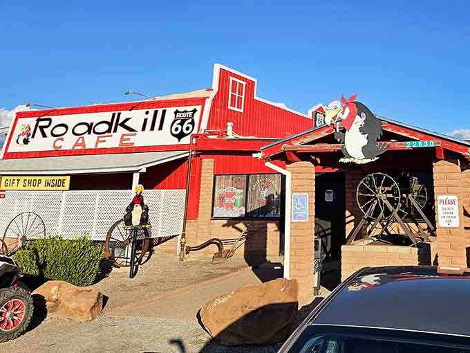 The weathered wood and playful signage create a frontier atmosphere that's equal parts history and hilarity.