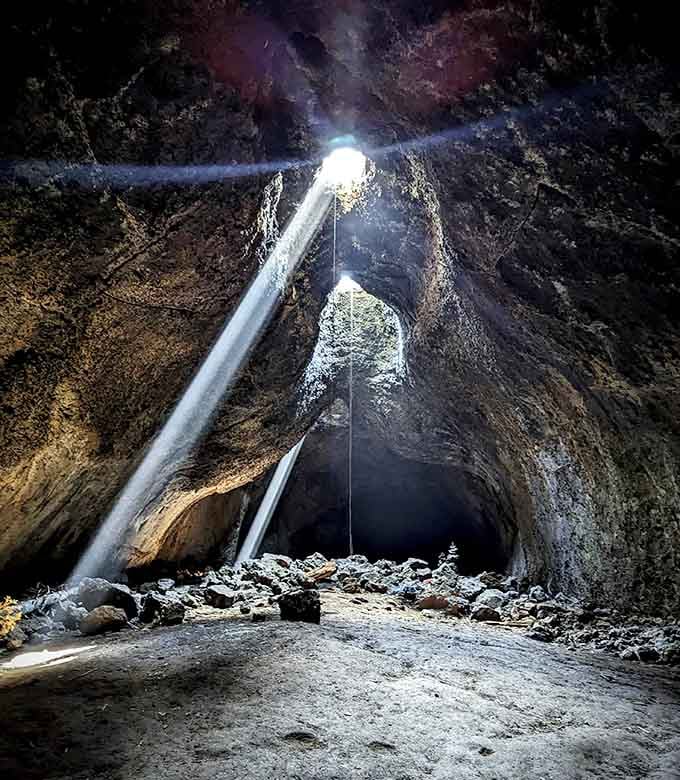 Nature's own cathedral dome lets daylight stream into this volcanic cave in the most spectacular way.