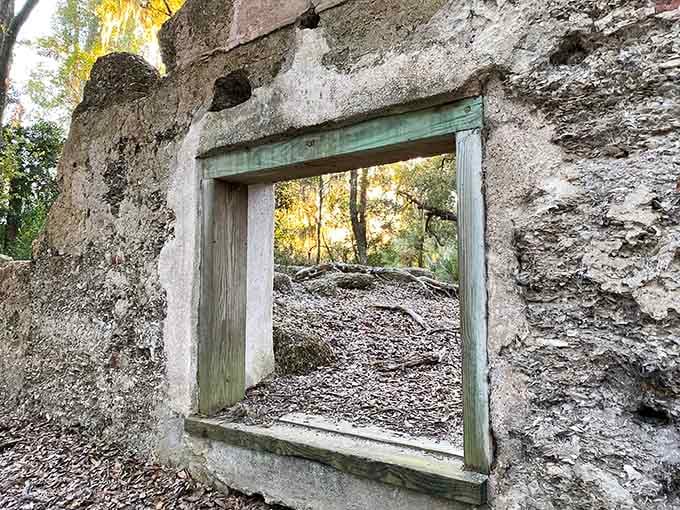 This window frames nothing but forest now, yet somehow it still offers a view into the island's past.