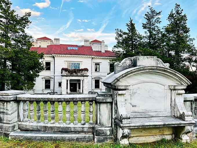 The ornate stonework and red-tiled roof transport you straight to a Tuscan villa at sunset.