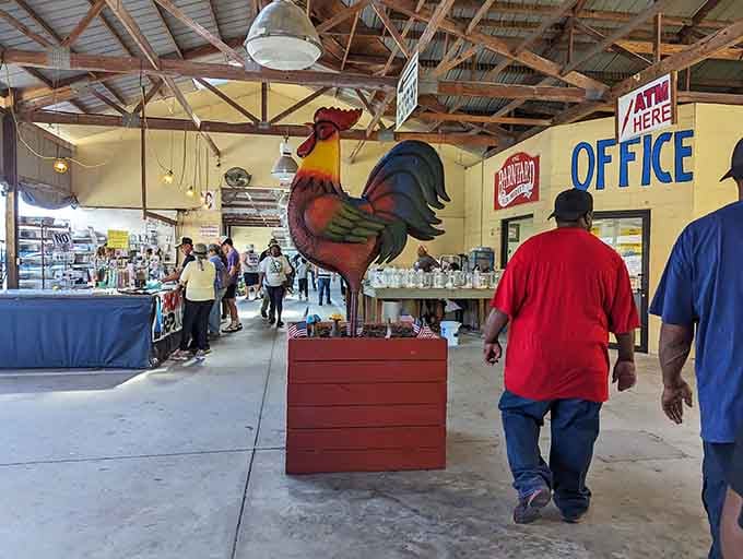 That colorful rooster stands guard like a proud sentinel welcoming bargain hunters into this treasure-filled barn.