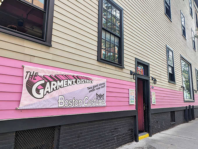 The distinctive pink band wrapping this historic building signals you've arrived at Cambridge's most colorful shopping destination.