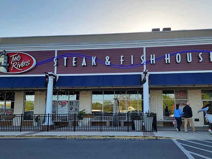 That welcoming sign promises both surf and turf done right, no pretension required here.