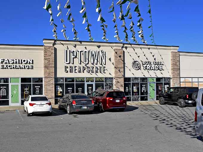 A busy parking lot signals smart shoppers know where to find quality secondhand fashion treasures.
