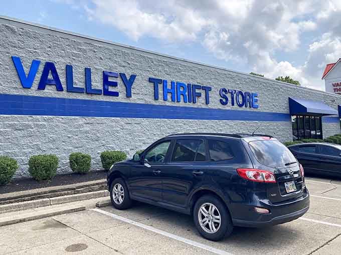 Bold blue lettering stands out against gray walls, making this bargain paradise easy to spot.