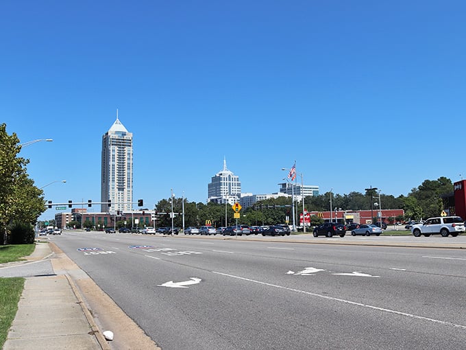 The skyline stands proud in the distance, framed by open roads that lead straight to urban adventures ahead.