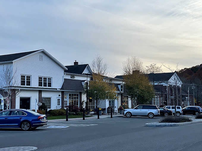 Dusk settles over these white buildings like a cozy blanket, inviting you to stay awhile.