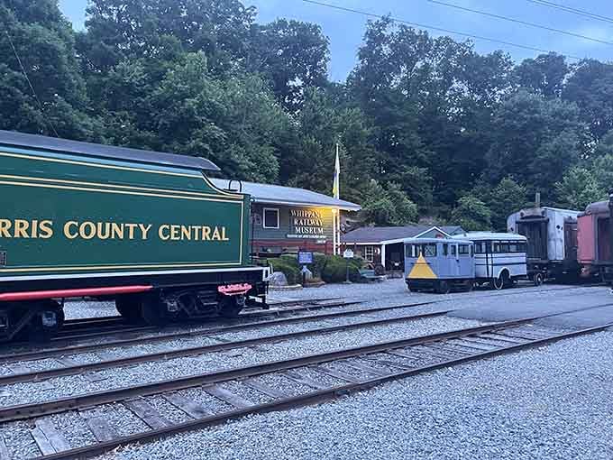 The Morris County Central tender sits among vintage rolling stock, creating a railyard scene from another era.