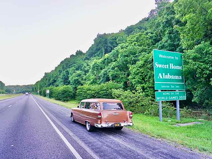 Classic car, lush greenery, and that sign. Some things just belong together like biscuits and gravy.
