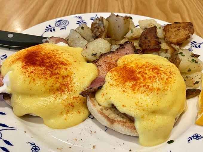 Eggs Benedict gets the Al Johnson's treatment with perfectly poached eggs and hollandaise that dreams are made of.