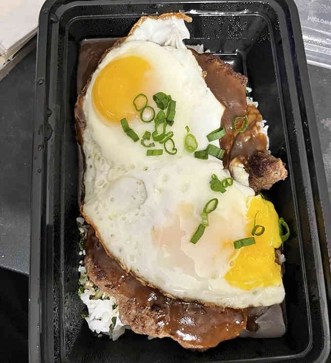 Loco Moco in all its glorious, gravy-covered, fried-egg-topped, comfort food splendor. Breakfast of champions, really.