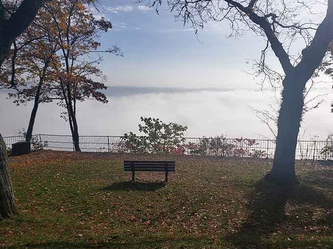 That lonely bench knows the secret: sometimes the best company is a million-dollar view.