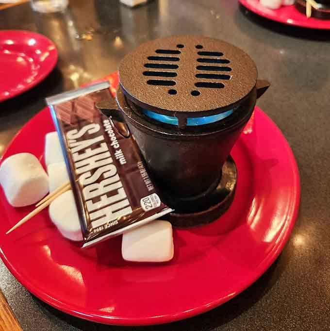 S'mores served in a tiny camping setup because apparently dessert needed to get even more adorable here.