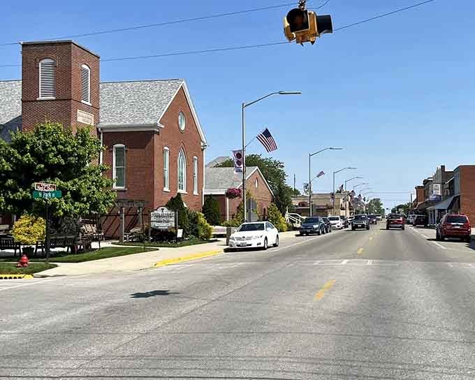 Classic small-town architecture meets working community, where historic buildings house real businesses serving locals and visitors alike.